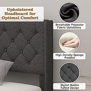 Giantex Twin Bed Frame with Button Tufted Headboard, Modern Fabric Upholstered Platform Bed with Wingback Design, Solid Wooden Slats Support Mattress Foundation, No Box Spring Needed, Grey