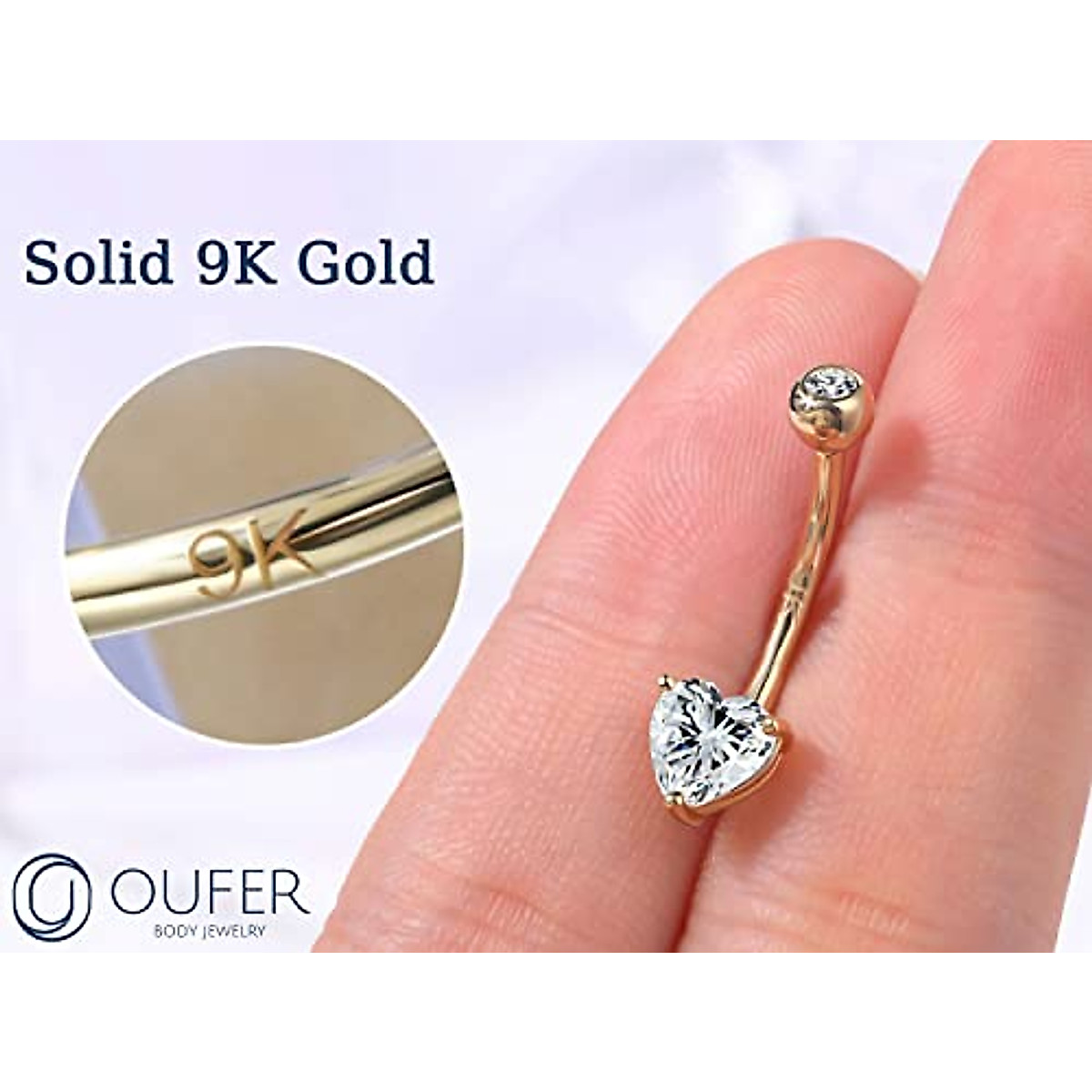 OUFER 14G Belly Rings, 9K Solid Gold Belly Button Rings, Heart Navel Rings, Internally Threaded Long Belly Piercing Jewelry for Women and Men-12MM