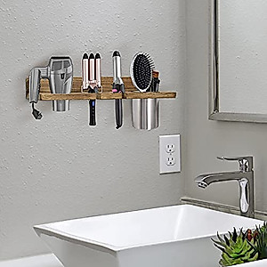 Bathroom Wall Mount Hair Dryer Holder Hair Care & Styling Tool Organizer, Farmhouse Wooden Beauty Hair Appliance Holder for Flat Iron, Curling Wand, Hair Straighteners, Brushes,Dark Brown