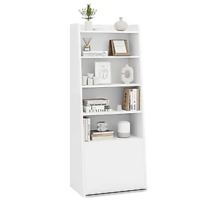 Giantex 6-Tier Bookcase, Freestanding Ladder Bookshelf with 2 Adjustable Shelves & Flip Up Door, Multifunctional Display Stand with Anti-Tipping Kit for Living Room Bedroom Home Office, White