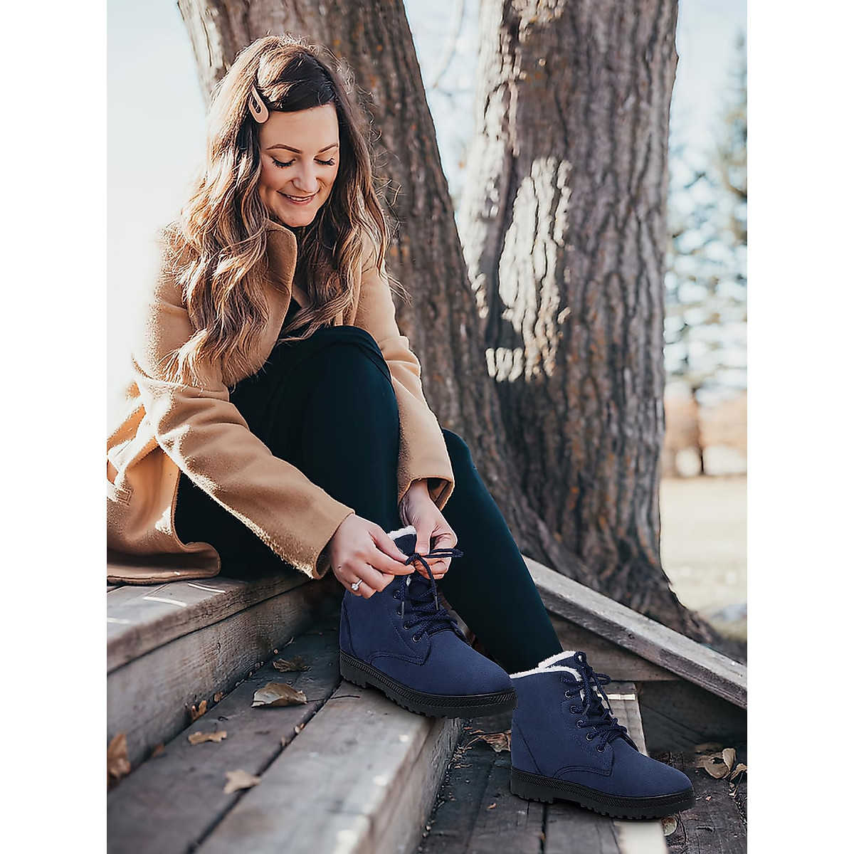 SHIBEVER Winter Snow Boots for Women: Dark Blue Warm Fur Lined Ankle Boots Comfortable Suede Lace Up Booties Cute Flat Shoes Size 10