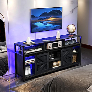 Mid Century Modern Black TV Stand with Sliding Barn Doors, Charging Station, LED Lights, and Storage Shelves for up to 70 inch TVs