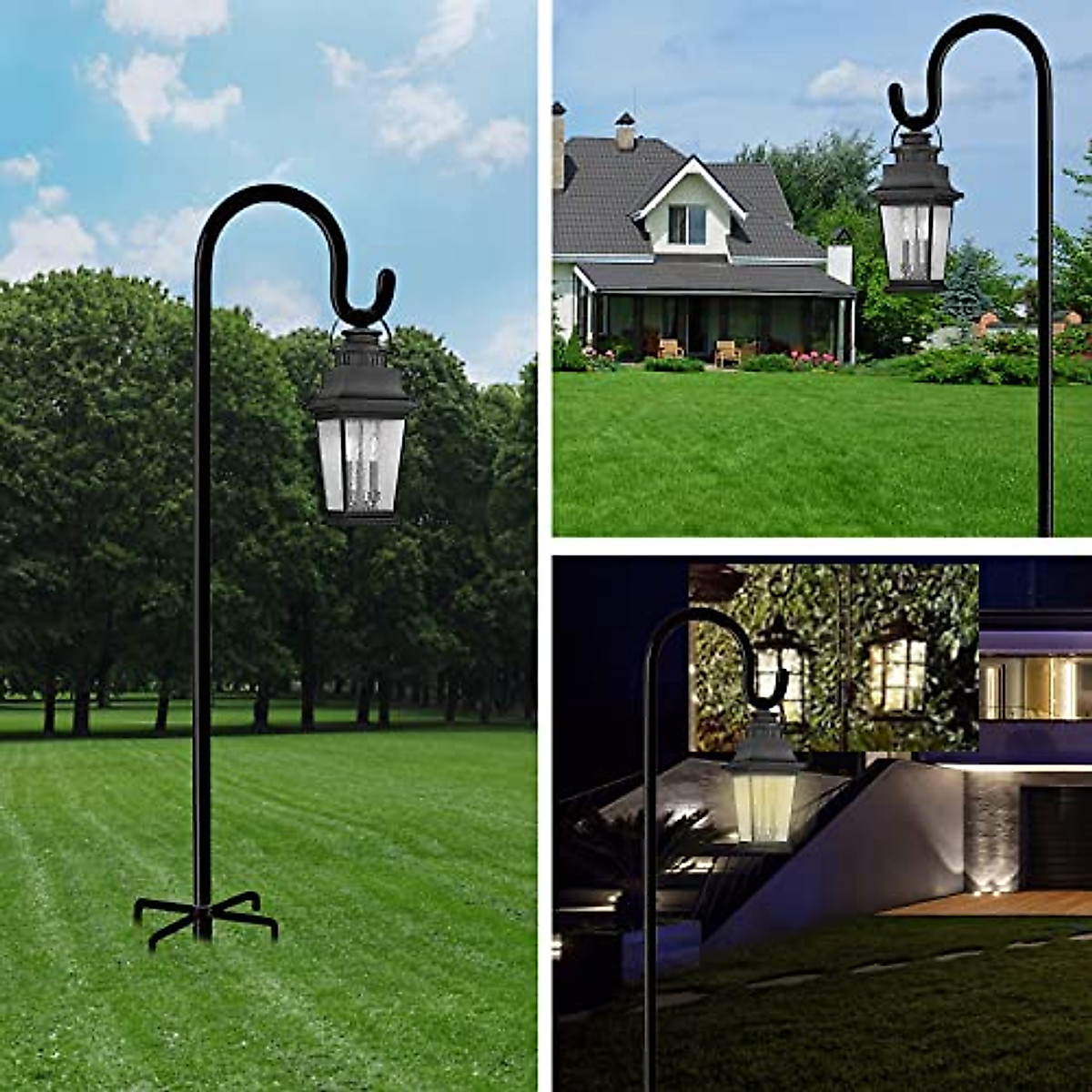 Garden Shepherd Hook Outdoor with 5 Prong Base, Bird Feeder Pole Hanger Holder Stand, Adjustable Heavy Duty Solar Light Plant Lantern Hanger Holder, Wedding Decor Matte Black (48 Inch- 2 Packs)