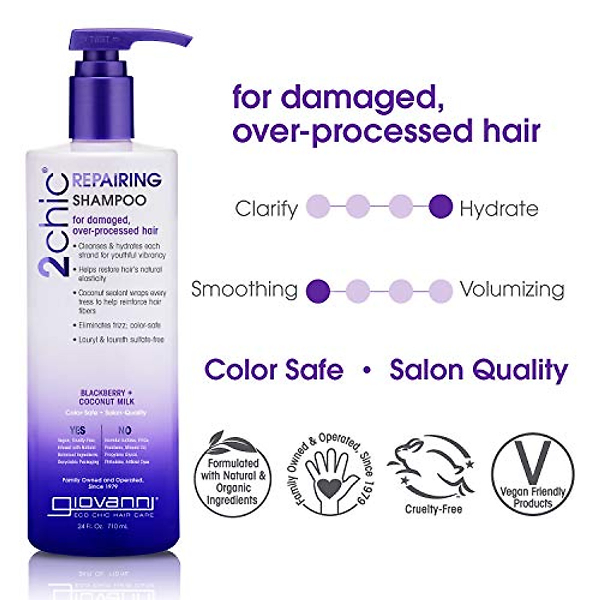 GIOVANNI 2chic Ultra-Repairing Shampoo - For Damaged, Over-Processed Hair, Helps Restore Hair's Natural Elasticity, Blackberry & Coconut Oil, Argan, Shea Butter, Color Safe - 24 oz