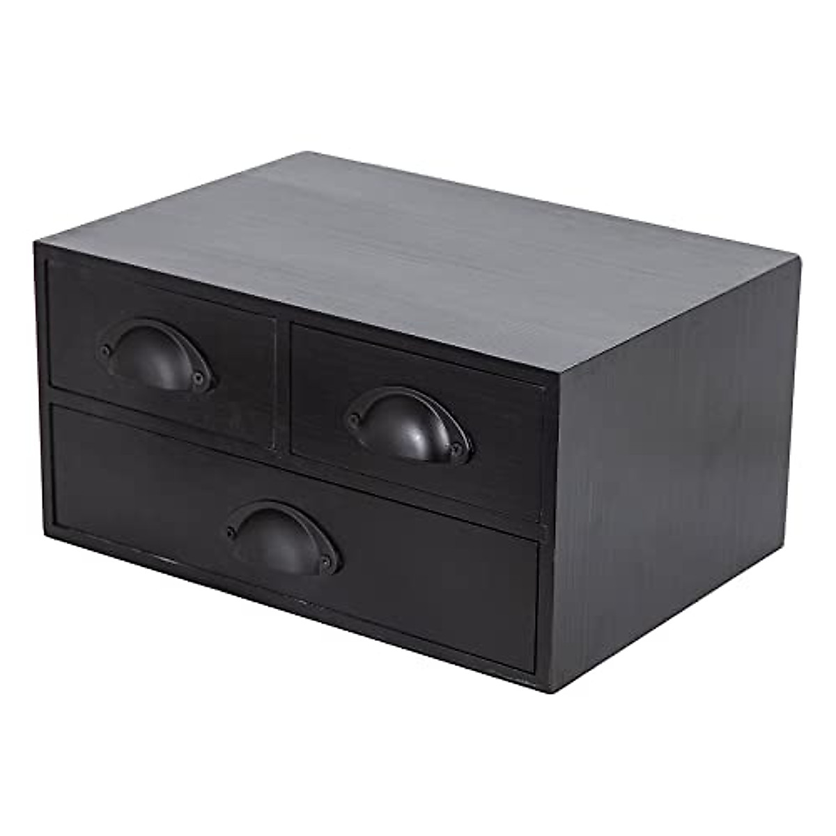 ExoLiry Rustic Black Wood Desk Storage Cabinet 3 Wide Drawers Countertop Bamboo Organizer Jewelry Box Holder Metal Handles Table Top Wooden Keepsake Caddy Home Office Farmhouse Antique Mini Dresser