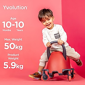 Yvolution Luna Ride On Scooter with Removable Storage Trunk & Seat, 3-in-1 Kick Scooter with LED Light-up Wheel Lights, Adjustable Height Push Bar for kids Age 10 Months to 10 Years(Red)