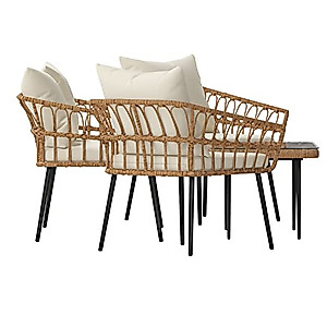Flash Furniture Evin Boho 4 Piece Patio Conversation Set - Natural Rope Rattan - Cream All-Weather Cushions - Tempered Glass Top Coffee Table - Indoor/Outdoor