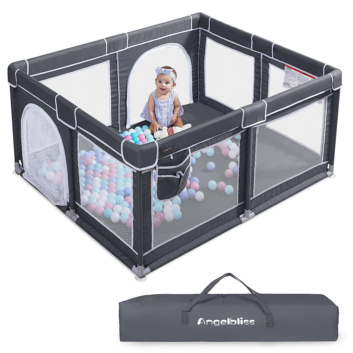 ANGELBLISS Baby Playpen, Extra Large Playard, Indoor & Outdoor Kids Activity Center with Anti-Slip Base, Sturdy Safety Play Yard with Breathable Mesh, Kid's Fence for Toddlers (Dark Grey, 50x50)