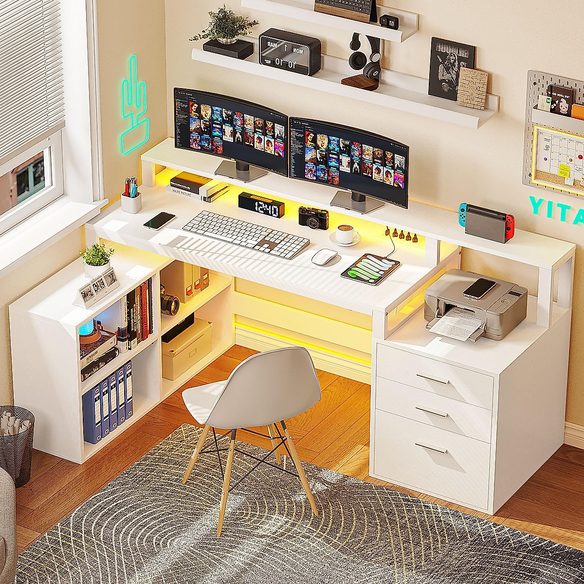 YITAHOME L Shaped Desk with 3 Drawers, 65" Corner Computer Desk with Power Outlets & LED Lights, L-Shaped Desk with File Cabinet & Printer Stand for Home Office, White