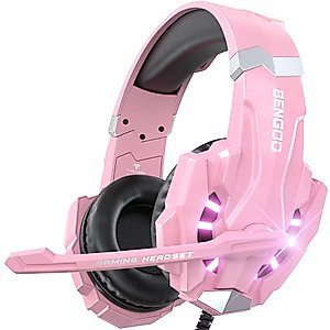 BENGOO G9000 Professional Gaming Headset for PS4, PC, Xbox One Controller, Noise Cancelling Over Ear Headphones with Mic, LED Light, Bass Surround, Soft Memory Earmuffs for Laptop Nintendo - Pink