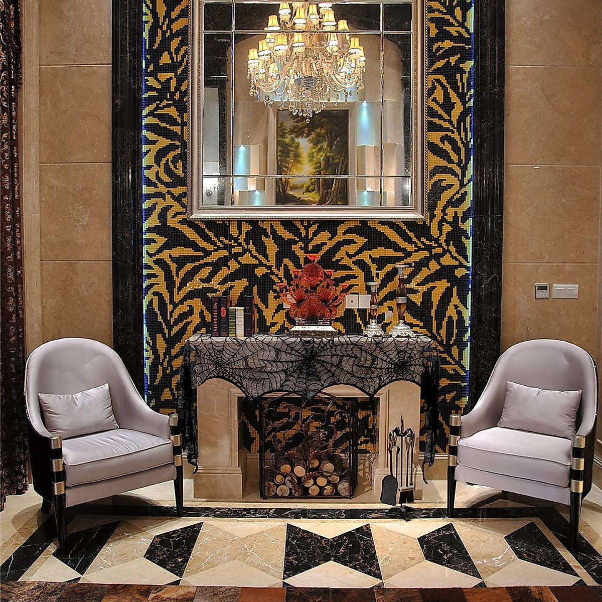 Halloween Decoration Black Lace Spiderweb Fireplace Mantle Scarf Cover Festive Party Supplies Set for Fireplace Window Door Frame Decoration 18 x 96 inch