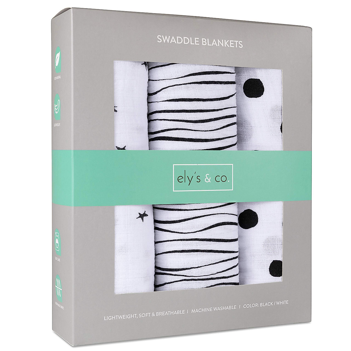 Ely's & Co. Muslin Swaddle Blanket 100% Soft Muslin Cotton 3 Pack 47"x 47" (Black & White)