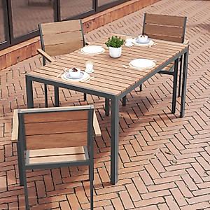 Flash Furniture Finch Commercial Grade Outdoor Dining Table 55" x 31" with Faux Teak Poly Slats and Metal Frame, Natural/Gray