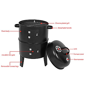 Artudatech 3-in-1 Detachable Vertical Charcoal Smoker Portable BBQ Smoker Grill