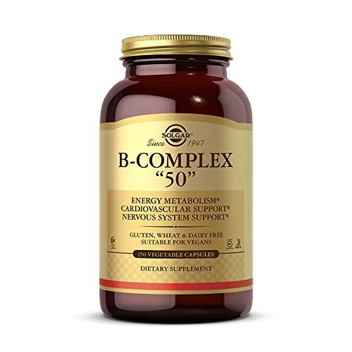 Solgar B-Complex “50”, 250 Vegetable Capsules - Energy Metabolism, Cardiovascular Support, Nervous System Support - Non-GMO, Vegan, Gluten Free, Dairy Free, Kosher, Halal - 250 Servings
