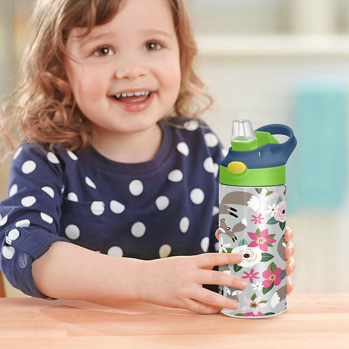 Cute Hand Drawn Fox Family Kids Water Bottle, BPA-Free Vacuum Insulated Stainless Steel Water Bottle with Straw Lid Double Walled Leakproof Flask for Girls Boys Toddlers, 12Oz