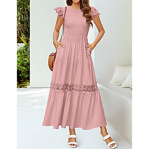 ZESICA Women's Casual Crew Neck Flutter Sleeve Smocked High Waist Hollow Out Lace Trim Tiered A Line Midi Dress,DarkPink,Small