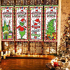 Grinch Christmas Decorations 4PCS Welcome To Whoville Vinyl Poster Door Covers Backdrop Merry Grinchmas Wall Art Hanging Banner for New Year Indoor Outside Garage Door
