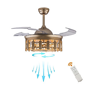 BILPIKOGoo Ceiling Fans with Lights Retractable Blades Caged Ceiling Fan Remote Control 42'' 6 Speeds, 1/2/4 Hours Timing Gold Ceiling Fan for Living Room Bedroom, 35W Reversible Motor