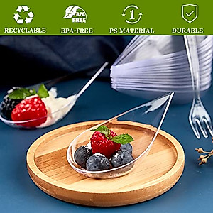 TOFLEN 100ct 4 Inch Mini Appetizer Plates with Tasting Forks - Reusable Clear Plastic Party Serving Trays Mini Plates for Appetizers and Desserts - Tear Drop Tasting Spoon Mini Dish Bowls