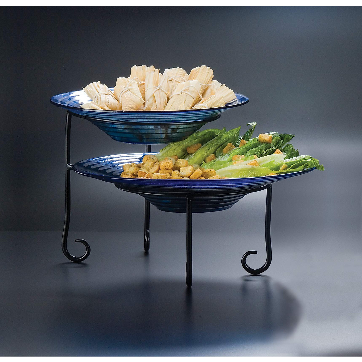 American Metalcraft TLSP1219 Wrought Iron Pizza Stand with Curled Feet, Two-Tier, 12" H x 19" W, Black