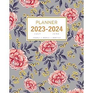 Planner July 2023-2024 June: 8x10 Large Notebook Organizer with Hourly Time Slots | Vintage Leaf Flower Design Gray