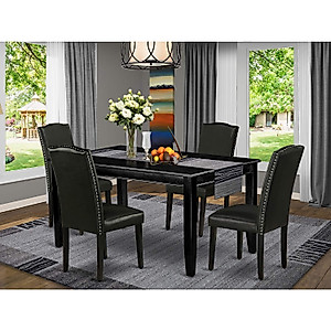 East West Furniture DUEN5-BLK-69 Dudley 5 Piece Room Set Includes a Rectangle Kitchen Table and 4 Black Faux Leather Parsons Dining Chairs, 36x60 Inch