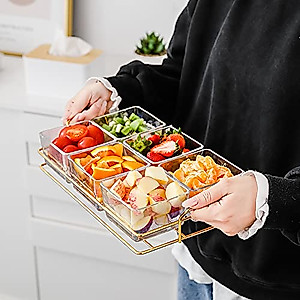 XKXKKE 6 Clear Glass Bowls Set with Gold Metal Rack, Condiment Dishes Serving Bowls Buffet Server Food Display Relish Tray for Fruit Dessert Appetizer Nuts Snacks Candy Chip Dip