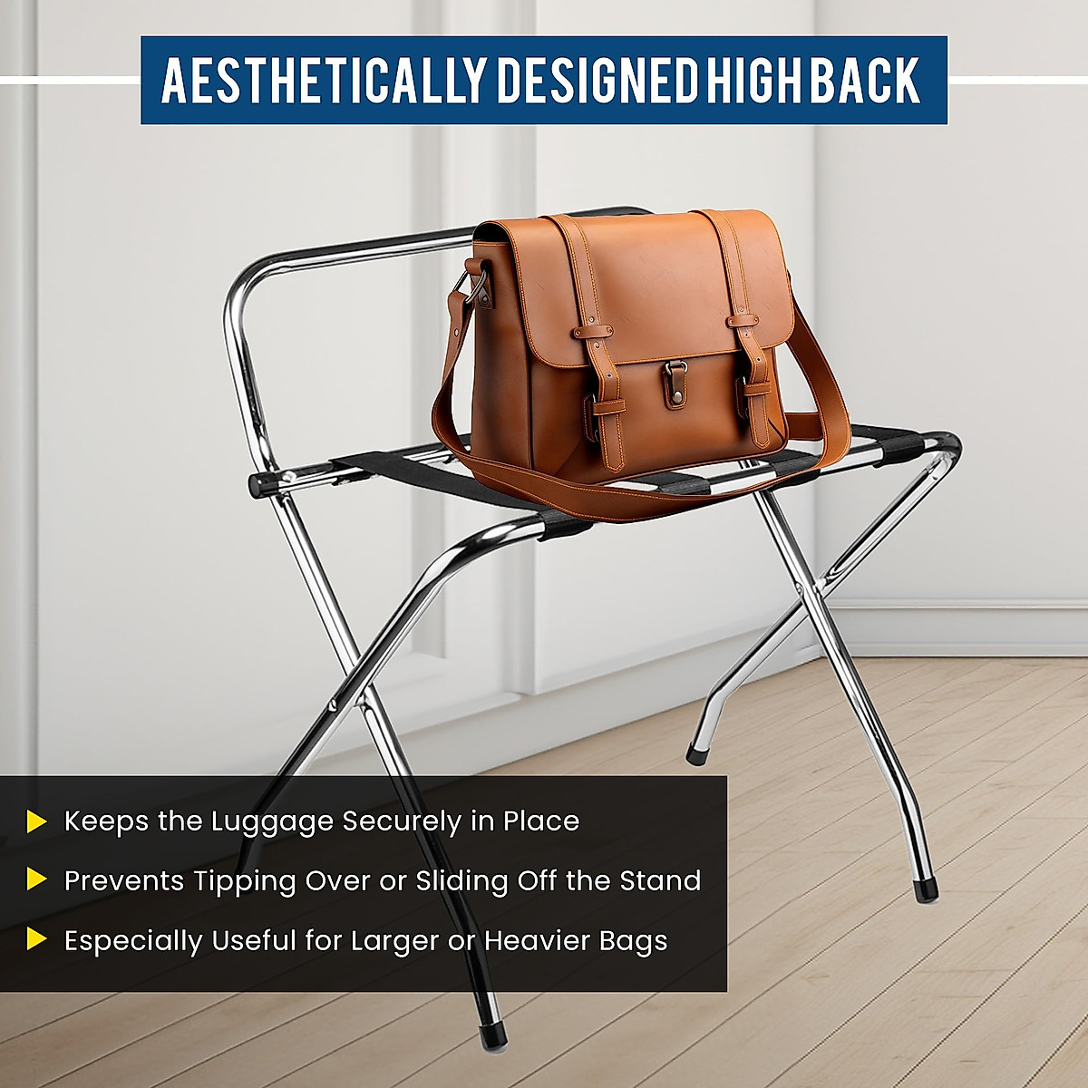 USTECH Luggage Rack-Single Tier with High Back, Pack of 1, Chrome, Self Asssembly, Foldable Rack for Guest Room