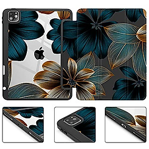 Lepeoac Designed for iPad Pro 12.9 Inch (2022/2021/2020/2018, 6th/5th/4th/3st Generation) with Transparent Shockproof Back Cover [Built-in Pencil Holder] Auto Sleep/Wake, Luxury Leaves