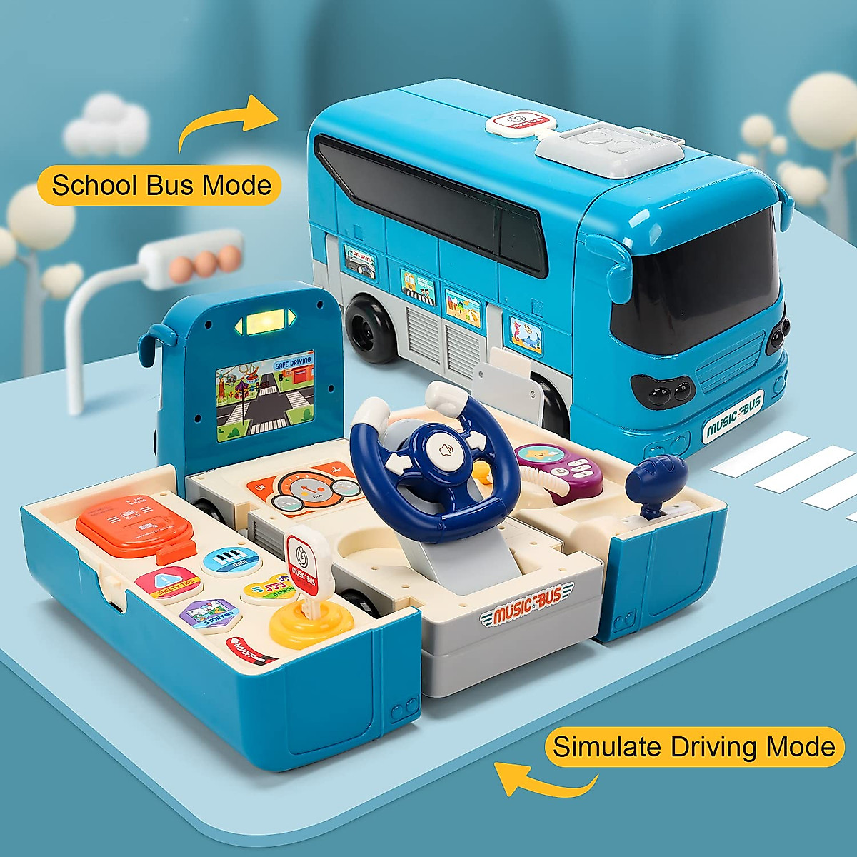 CUTE STONE Bus Car Toy, Kids Play Vehicle with Sound and Light, Simulation Steering Wheel, Musical School Bus Toy for Toddler, Educational Bus Driving Toy Gift for Toddlers Boys & Girls