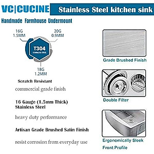 VCCUCINE Farmhouse Sink, 30 Inch Stainless Steel Farmhouse Kitchen Sink, Undermount Drop in Single Bowl Basin Apron Sink, Brushed Nickel Farm Sink With Dish And Drain Assembly