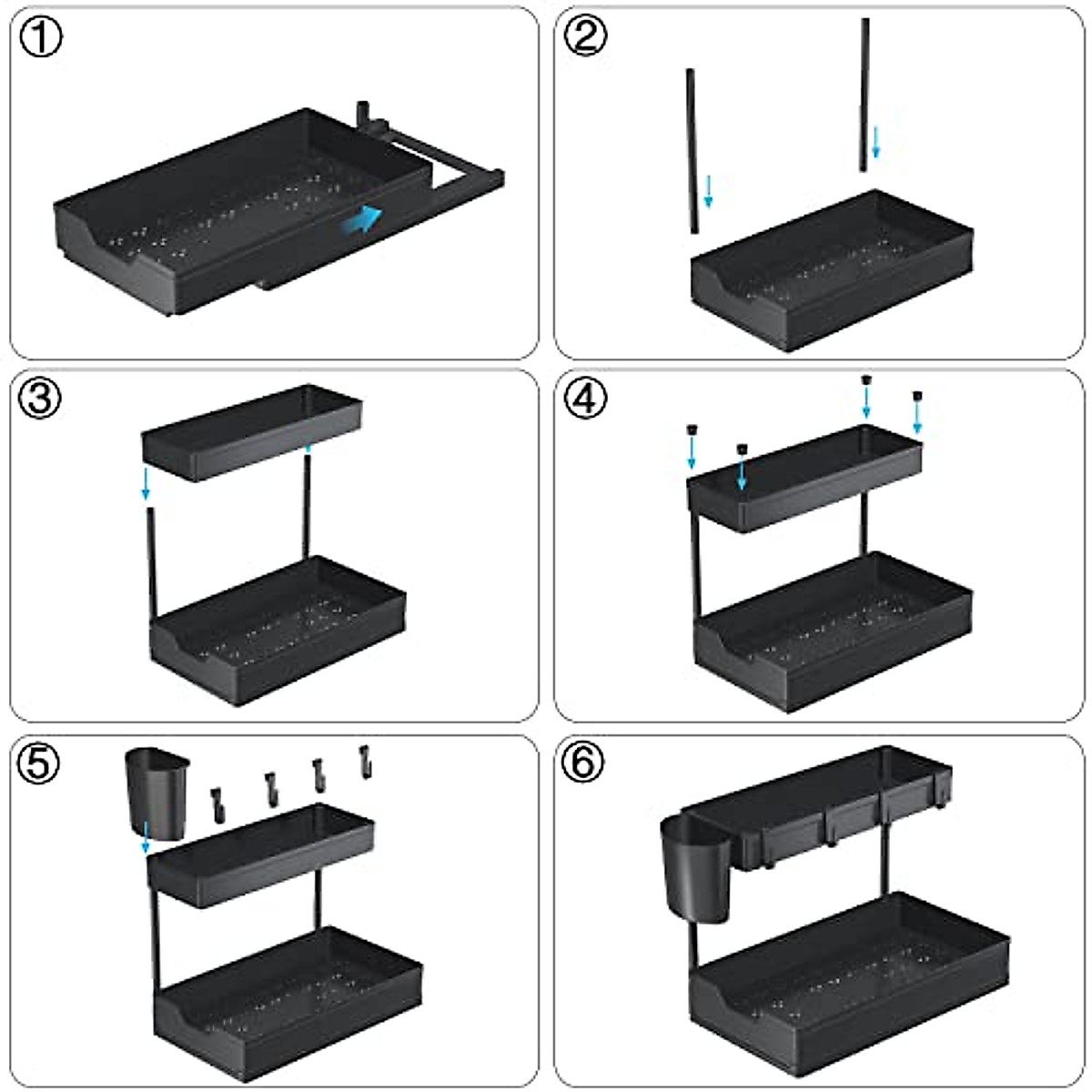 FUNXIM Under Sink Organizer, Under Sink Organizers And Storage, 2 Tier Slide Out Sink Shelf Cabinet Storage Shelves, Multi-Purpose Kitchen Bathroom Sink Organizer, With Organization And Storage Hooks
