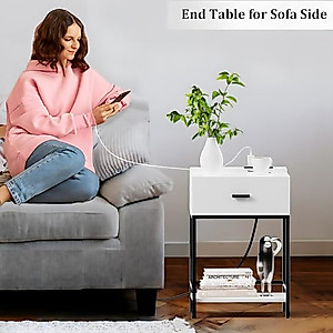 Facofaco White Nightstand with Charging Station and USB Ports, 3-Tier End Table with Wood Drawer Storage Shelf, Tall Small Bed Side Table for Small Spaces Living Room, Bedroom