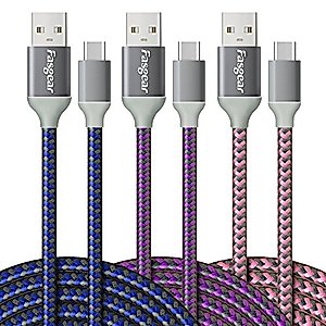 Fasgear USB C to USB A Cables 3 Pack 10ft Long 3A Fast Charging Type C 2.0 Charger Cord Nylon Braided Compatible with Galaxy S20 Note 10 S9 S8 A70 A60 A51/LG V20 G6/Moto G/PS 5 (Blue Purple Pink)