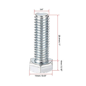 uxcell Hex Head Screw Bolts Carbon Steel 1/4"-20 x 1" Fastener Grade 5 UNC 40pcs