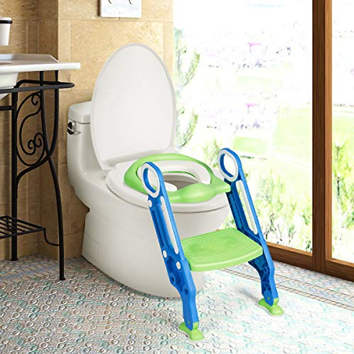 BABY JOY Kids Portable Potty Training Toilet Seat w/Step Stool Ladder, Foldable Adjustable Toddler Toilet Training Seat Chair with Non-Slip Pads and Soft Cushion Seat, for Boys Girls Toddlers (Blue)