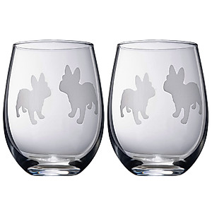 Set of 2 French Bulldog Dog Stemless Wine Glasses - French Bulldog Puppy & Doggy Lover for Him & Her - Dogs Silhouette - Glass Gifts Etched Tumblers for Anniversary, Wedding, Home Bar Gifts