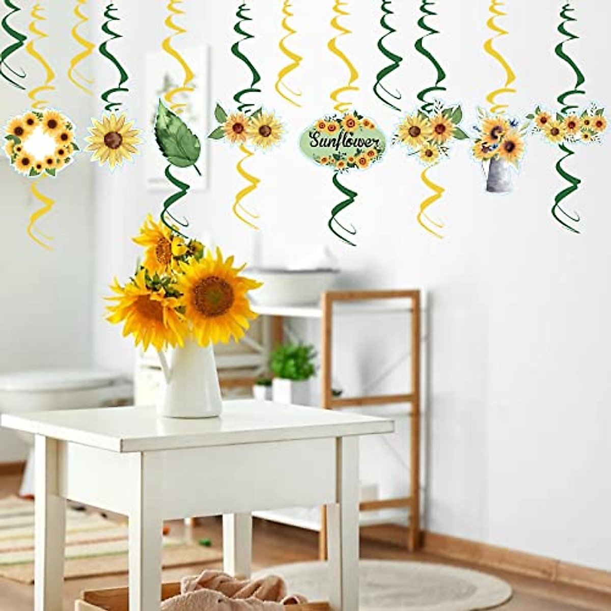UOMNICUE 30 PCS Yellow Sunflower Hanging Foil Swirls Ceiling Streamers Wall Decor Party Supplies for Kids Birthday Baby Shower Spring Summer Flower Themed Party Decoration