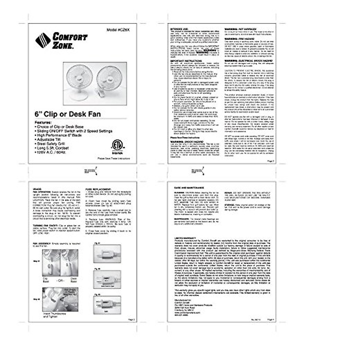 Comfort Zone 6" Clip and Desk Fan Combo Pack, White