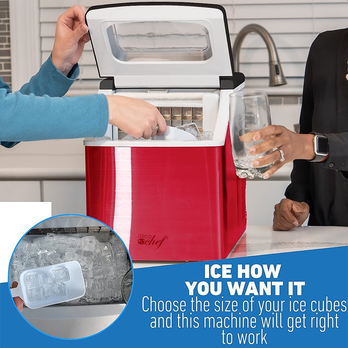 Deco Chef 40LB Countertop Ice Maker for Home, Office, Bars, and Parties, Makes Extra Large Cubes, 2.4 lb of Ice Every 15-20 Minutes, Self Cleaning, LCD Status Indicator, Adjustable Cube Size, Red
