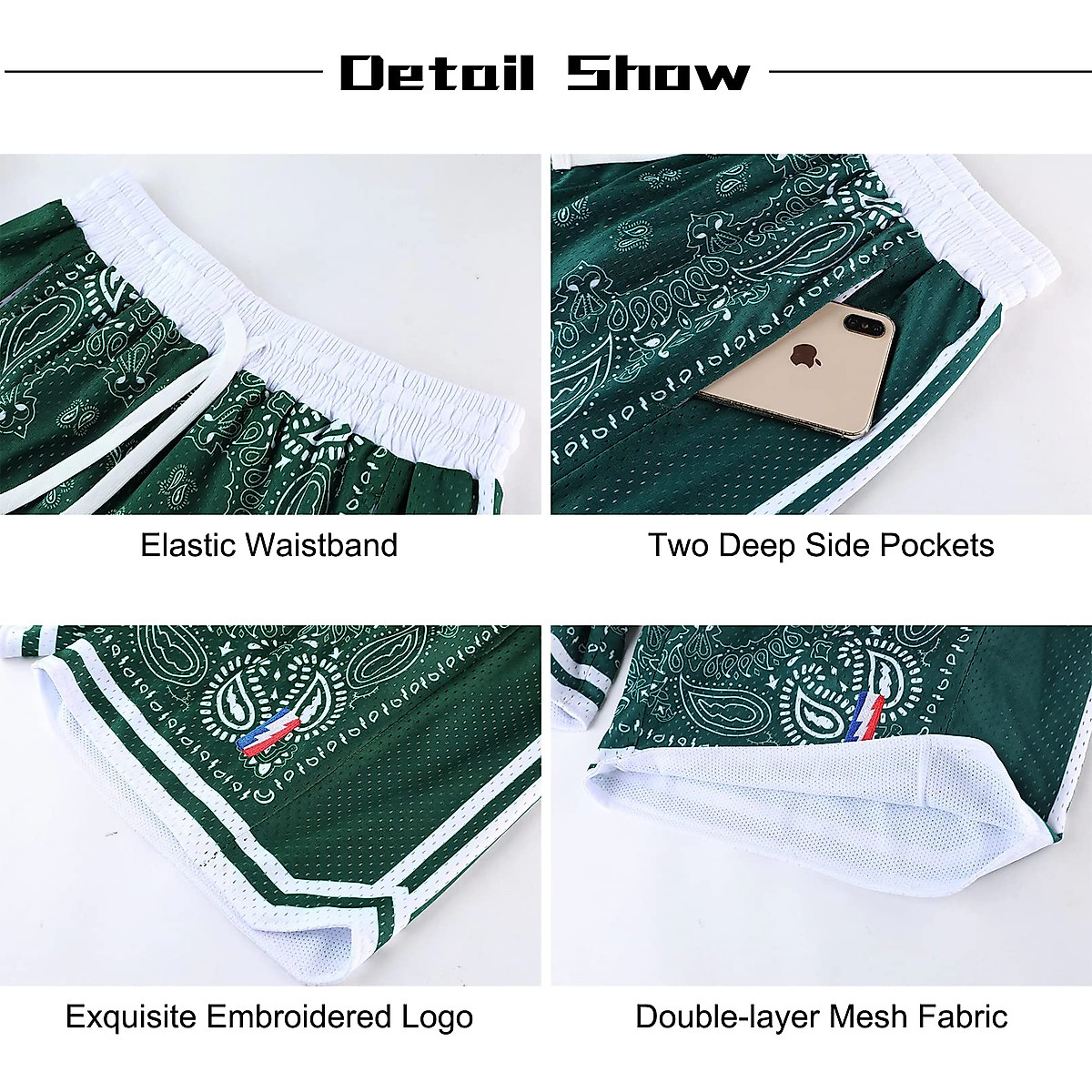 BOOMLEMON Men's Basketball Shorts Workout Athletic Paisley Shorts Mesh Print Running Short Pants(Green XS)