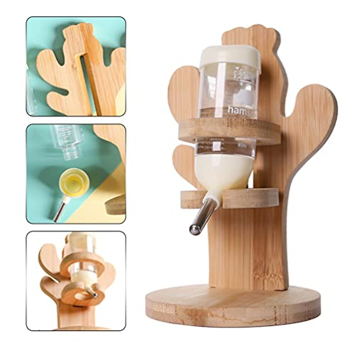 Small Animals Water Bottle Set: Hamster Water Bottle with Wooden Stand Holder Free- Standing for Guinea Pig Mice Chinchillas and Others