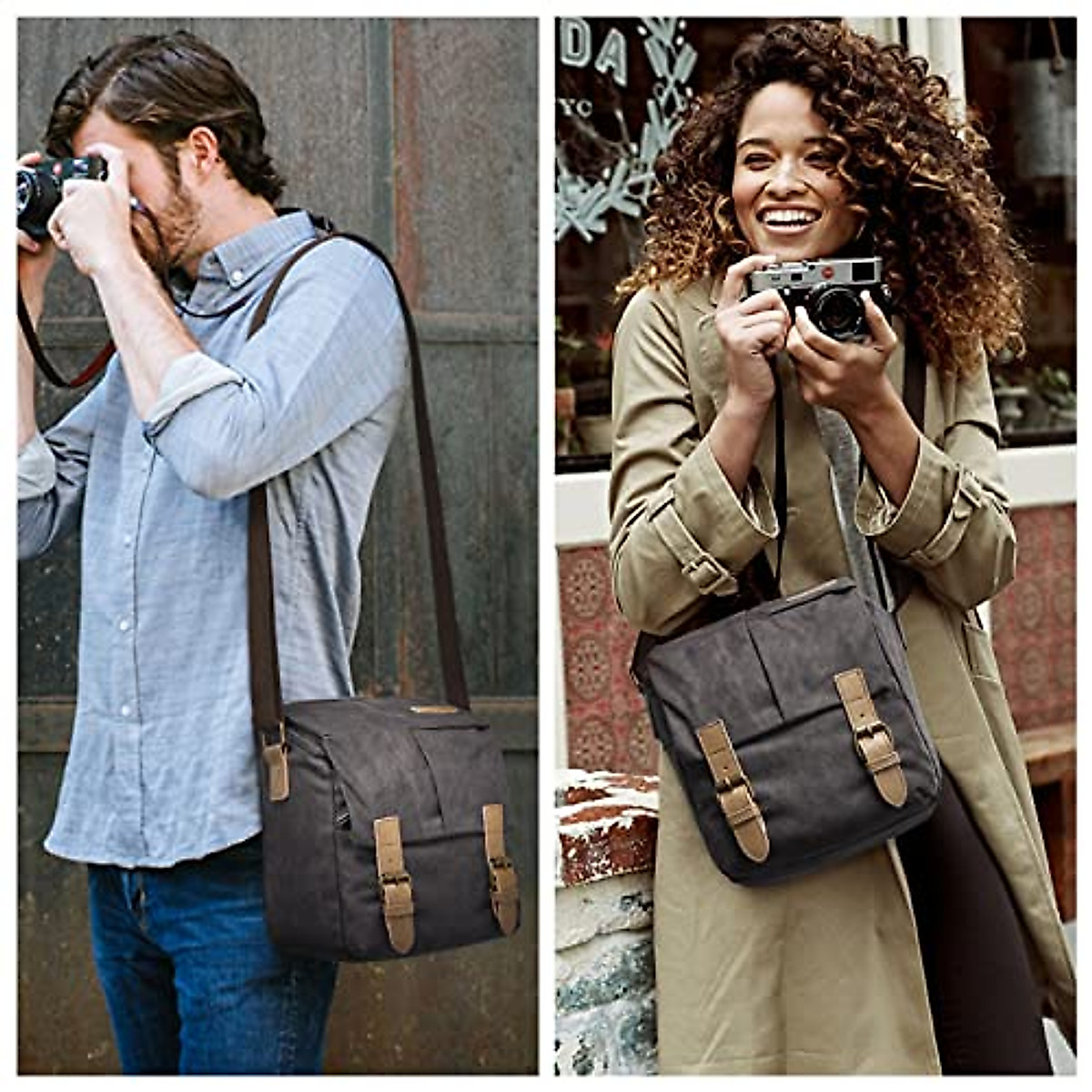 S-ZONE Waterproof Camera Bags for DSLR Canon Canvas Vintage Shoulder Women Men Camera Messenger Bag Leather Trim(Grey)