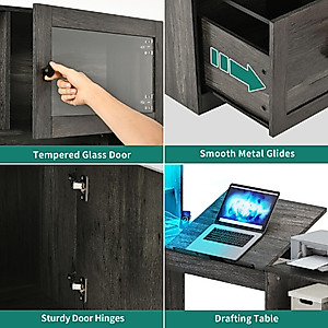 YITAHOME L Shaped Desk with Drawers & Hutch, 61" Computer Desk with Power Outlets & LED Lights, Corner Office Desk with Storage Cabinet, Drafting Table, Wood Desk, Grey