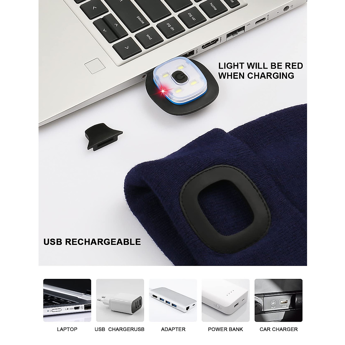 MELASA Unisex Kids LED Beanie, USB Rechargeable Hands Free Headlamp Hat, Night Flashlight Hat, Gifts for Kids Boys Black