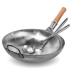 YOSUKATA Silver Round Bottom Wok Pan – 14" Woks and Stir Fry Pans 17’’ Wok Spatula and Ladle - Set of 2 Heat-Resistant Wok Tools - Universal Wok Ladle Flat Bottom Pow Wok