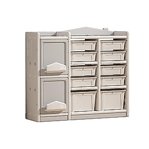 Runboll Toy Storage Organizer Bookshelf Multipurpose Toys Organization Chest with 10 Bins 2 Cabinets and 2 Shelves for School, Bedroom, Playroom or Nursery