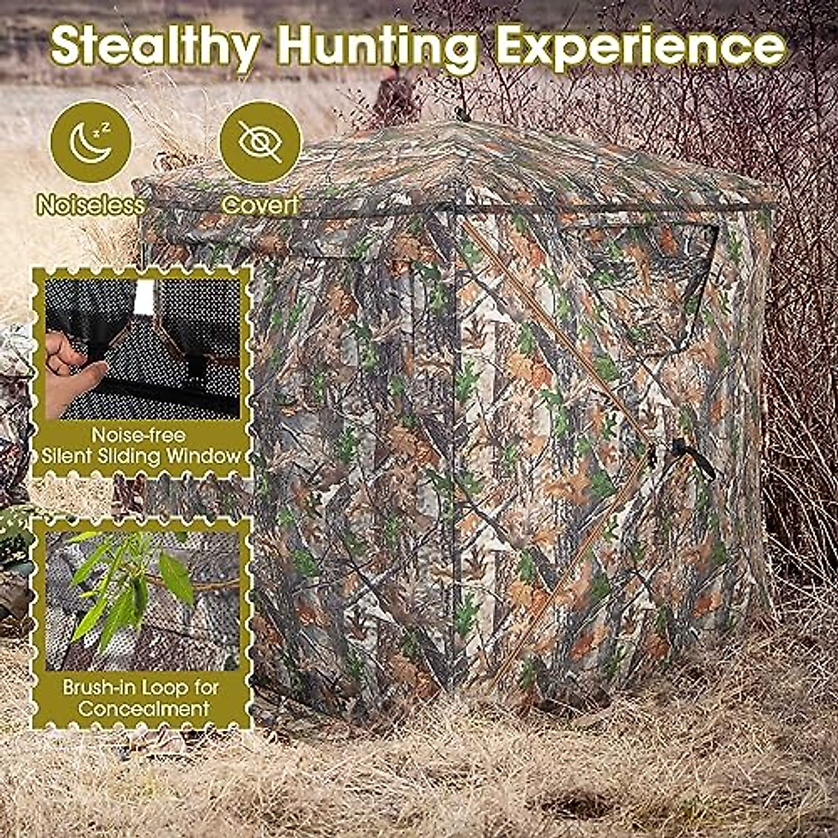 Tangkula Hunting Blind, 2-3 Person 270 Degree See Through Ground Blind with Silent Sliding Windows & Zippered Door, Portable Pop Up Deer Blind with Carrying Bag for Turkey & Deer Hunting