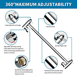 12 Inch Solid Brass Adjustable Shower Head Extension Arm Flexible Height & Angle Shower Arm Extender with Lock Joints, Universal Connection Solid Stainless Steel Shower Extension Arm, Chrome Finish